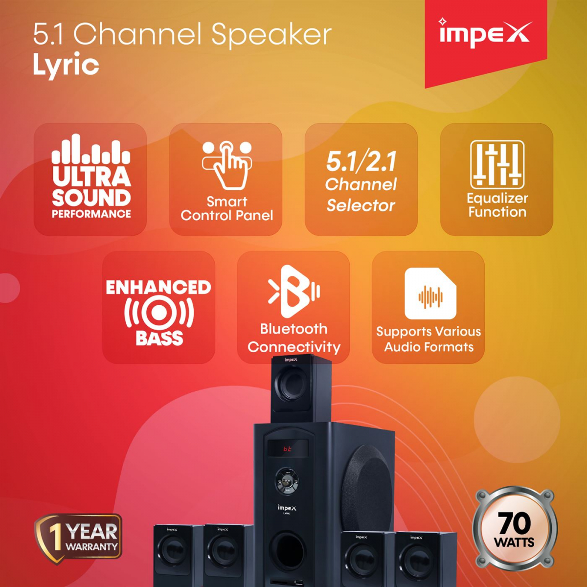 Impex 5.1 All-in-one Home Theatre Multimedia Speaker System - LYRIC